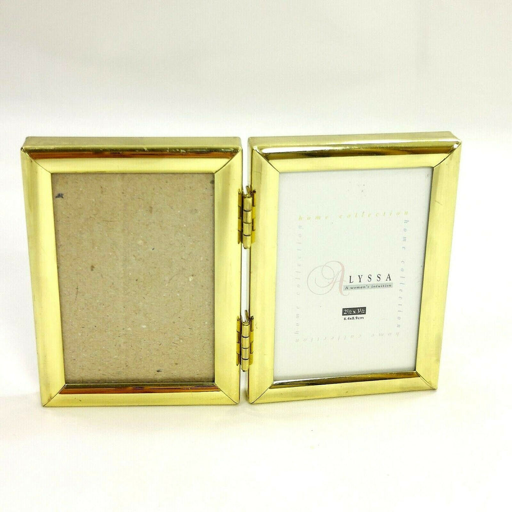 Goldtone Hinged Double Picture Photo Frame Folding Display 2.5x3.5 Tab ...